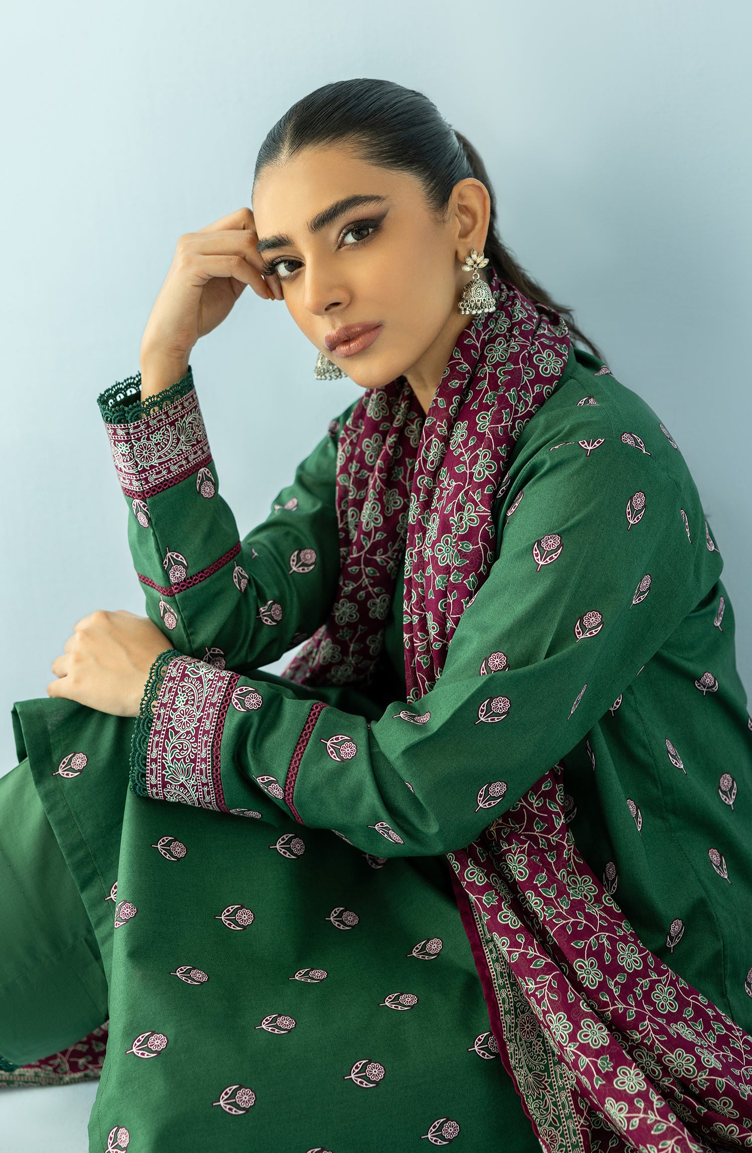 Orient Stitched 3 Piece Printed Lawn Shirt , Cambric Pant And Lawn Dupatta - Otl-24-077/S Green