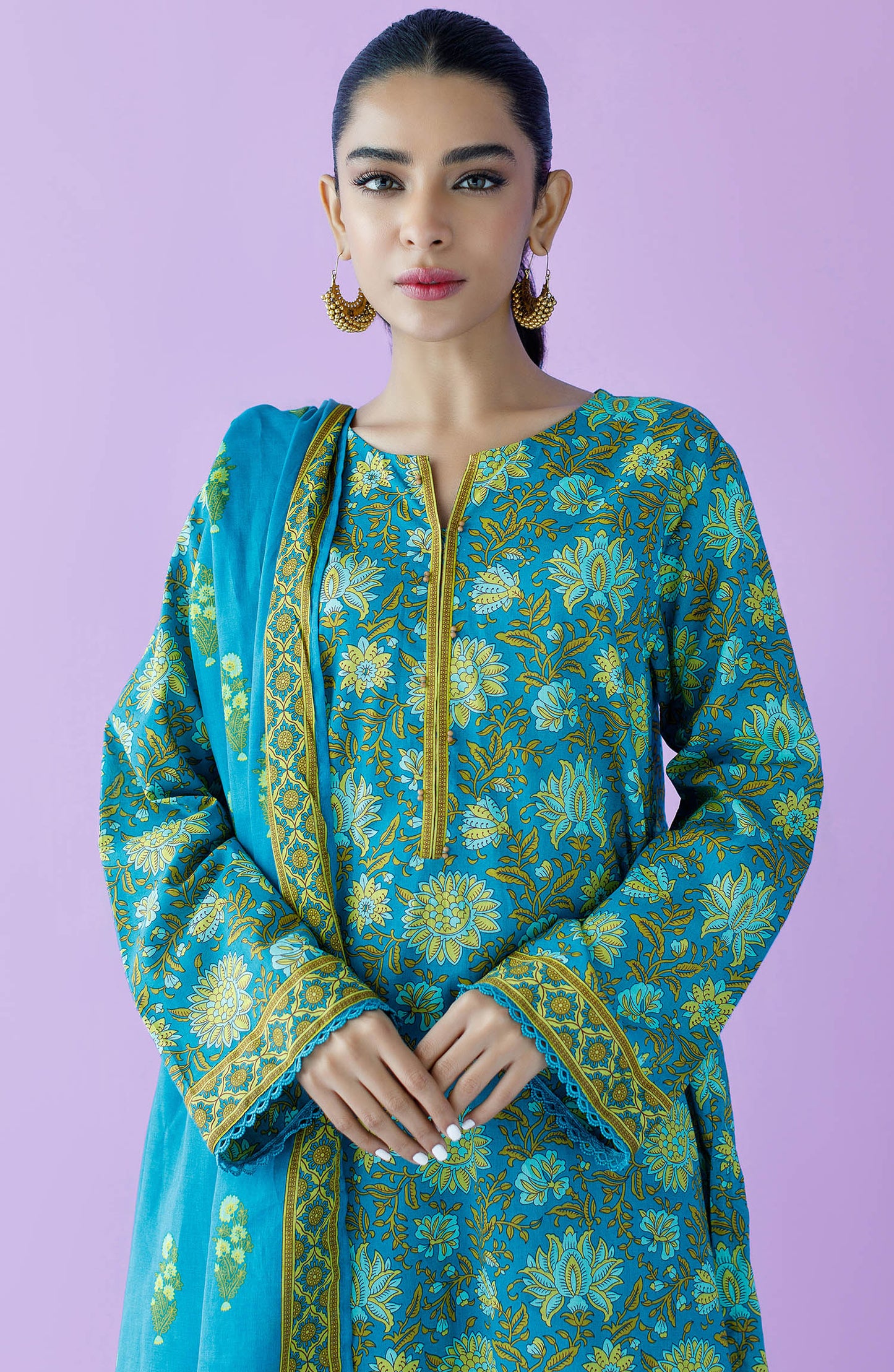 Orient Stitched 3 Piece Printed Lawn Shirt , Cambric Pant And Lawn Dupatta - Otl-23-151/S Teal