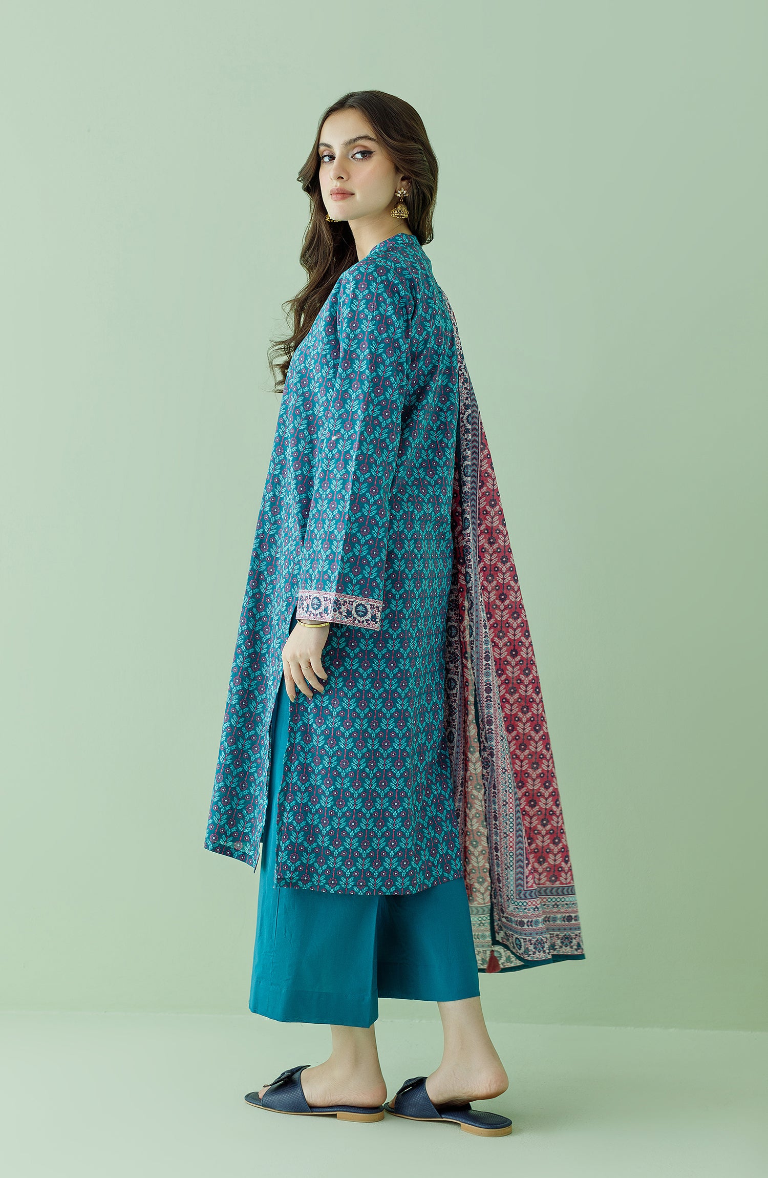Orient Stitched 3 Piece Printed Lawn Shirt , Cambric Pant And Lawn Dupatta - Otl-23-348/S Teal