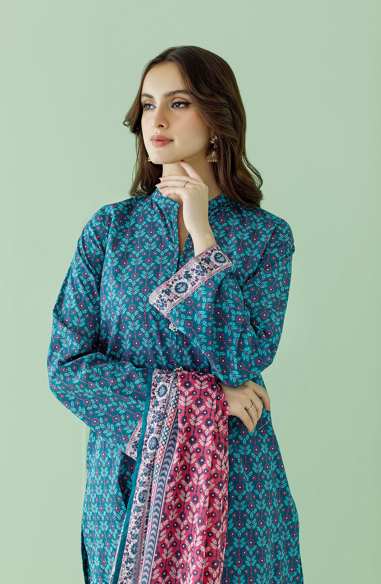 Orient Stitched 3 Piece Printed Lawn Shirt , Cambric Pant And Lawn Dupatta - Otl-23-348/S Teal