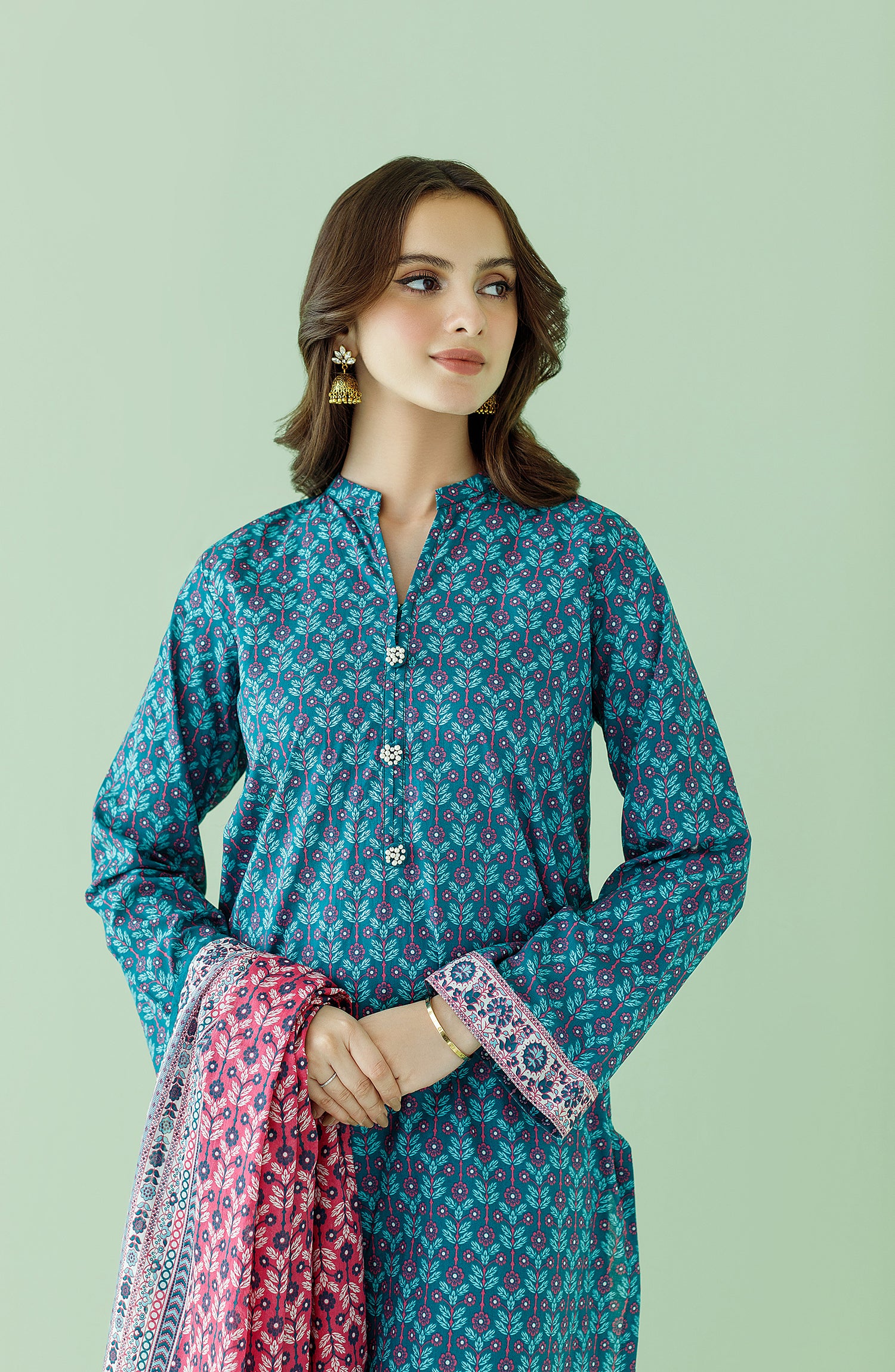 Orient Stitched 3 Piece Printed Lawn Shirt , Cambric Pant And Lawn Dupatta - Otl-23-348/S Teal