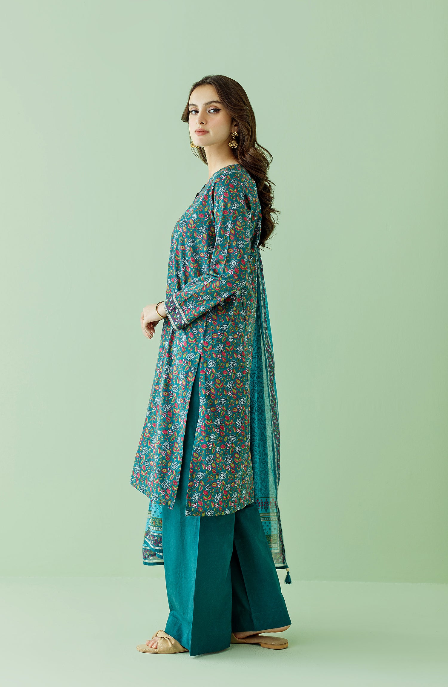 Orient Stitched 3 Piece Printed Lawn Shirt , Cambric Pant And Lawn Dupatta - Otl-23-349/S Teal