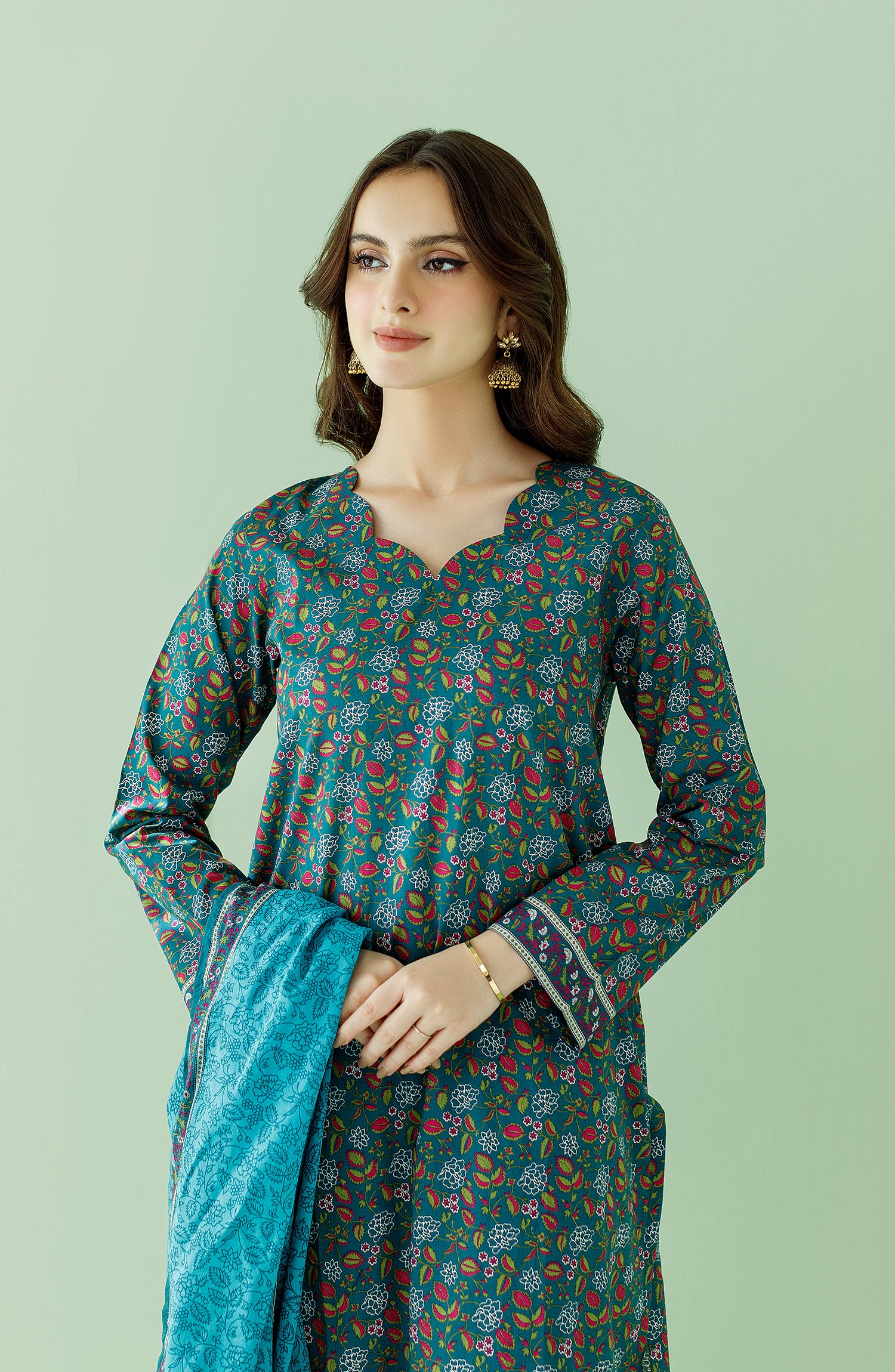 Orient Stitched 3 Piece Printed Lawn Shirt , Cambric Pant And Lawn Dupatta - Otl-23-349/S Teal