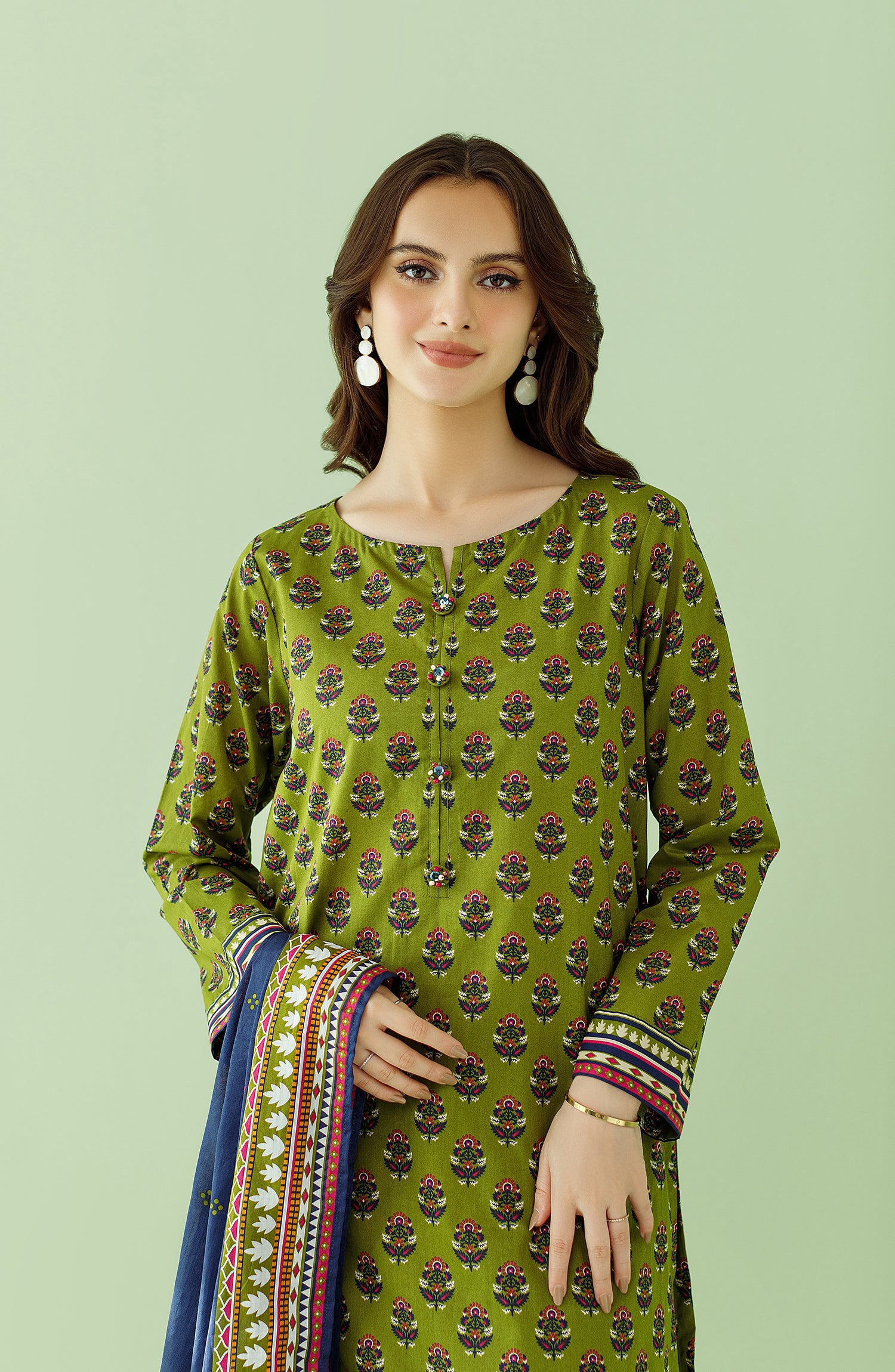 Orient Stitched 3 Piece Printed Lawn Shirt , Cambric Pant And Lawn Dupatta - Otl-23-344/S Green